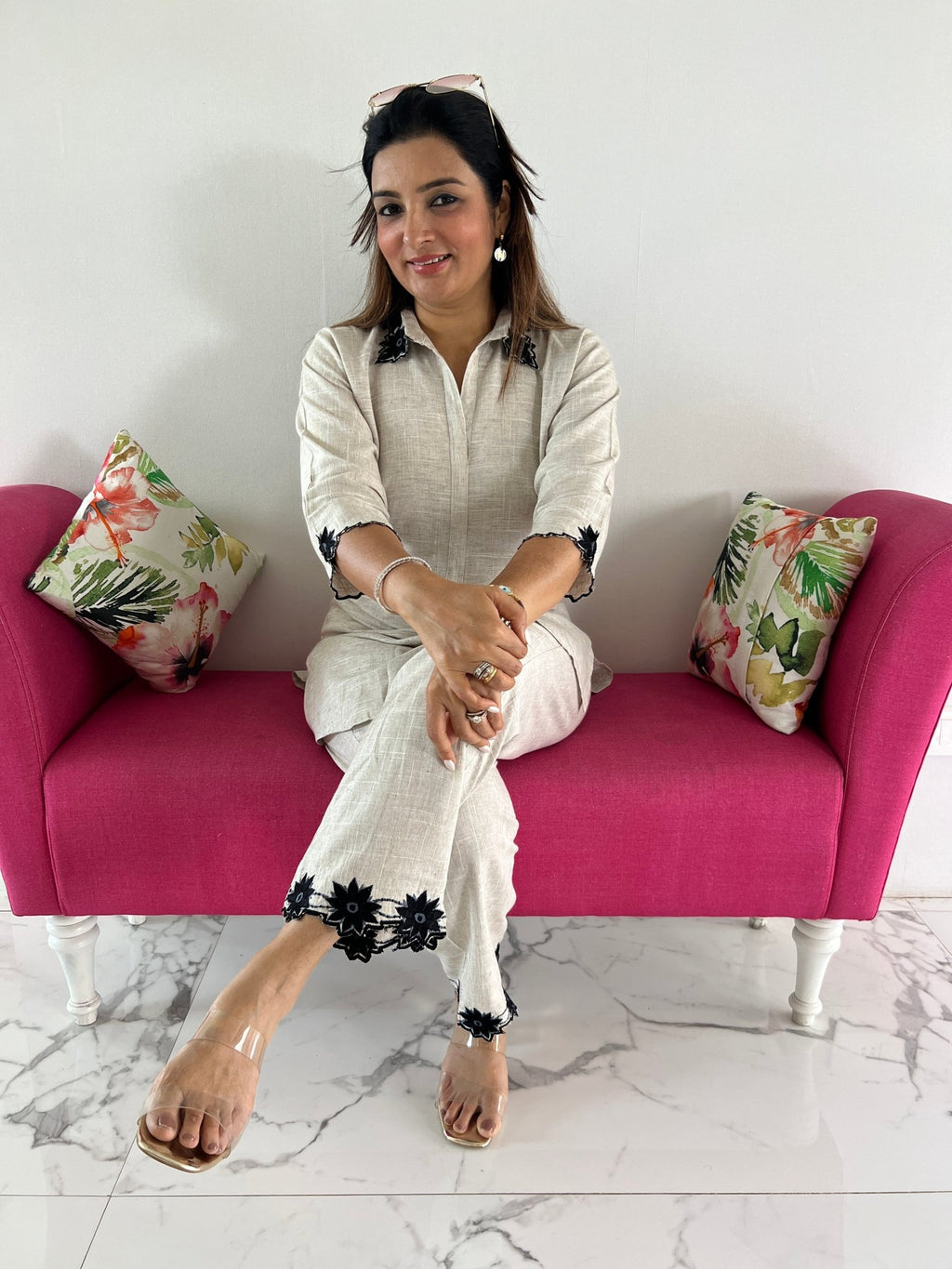 Floral Cutwork Silhouette Coord Set in Pure Linen. – Preetibora