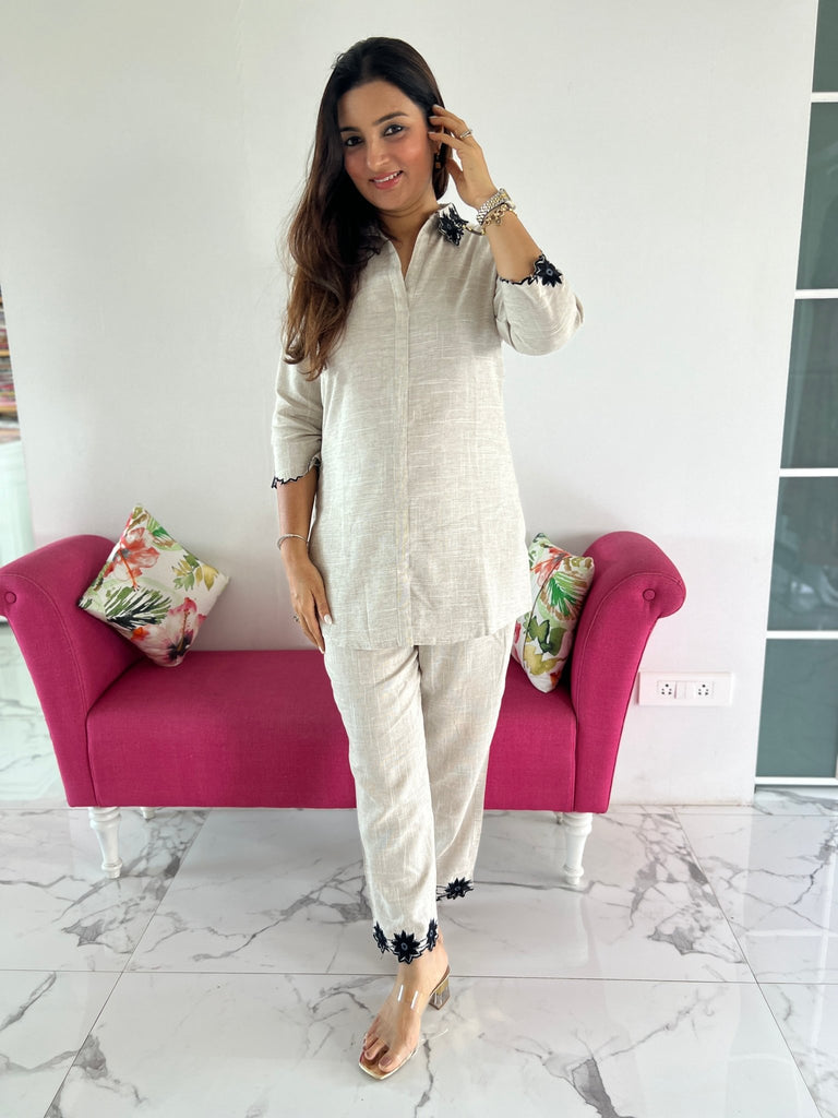 Floral Cutwork Silhouette Coord Set in Pure Linen. – Preetibora