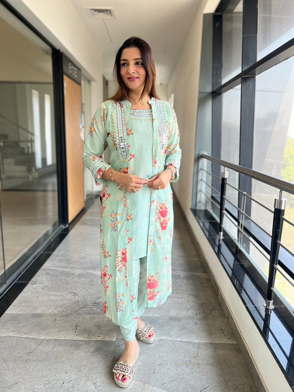 Floral Print Mirror Work Jacket Set – Preetibora